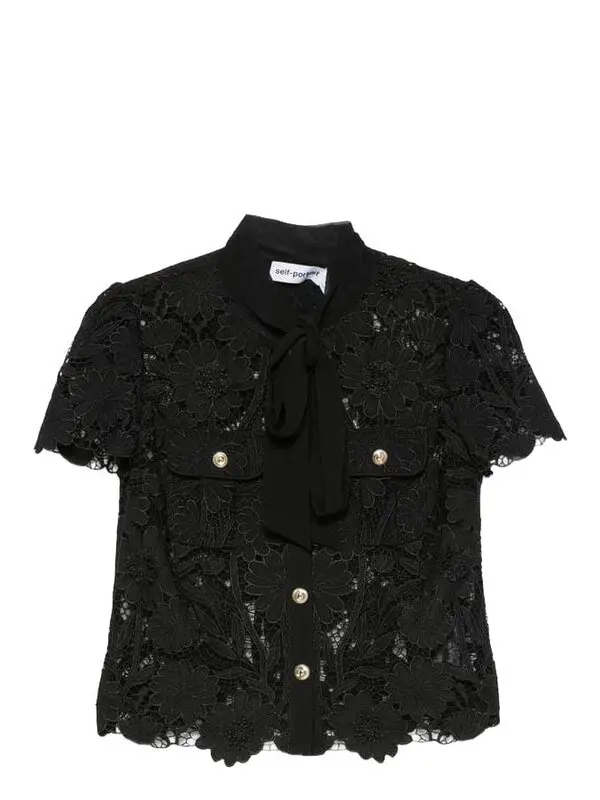 SELF-PORTRAIT Guipure-lace Floral Pattern Pussy-bow Blouse - Black