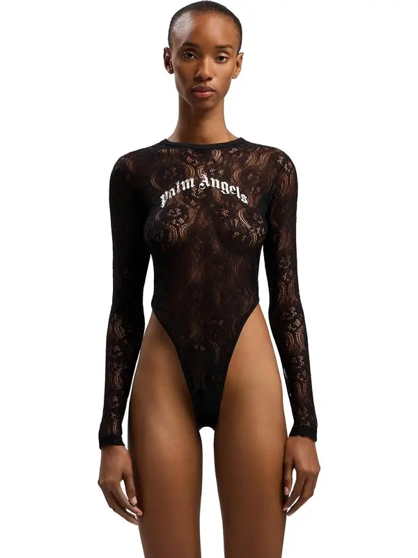 Palm Angels Curved Logo Lace Bodysuit - Black