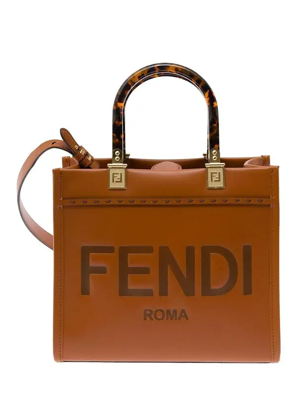 Fendi Tote Bag 'sunshine Piccola' With Embossed Logo And Turtle Effect Handle In Leather For - Brown
