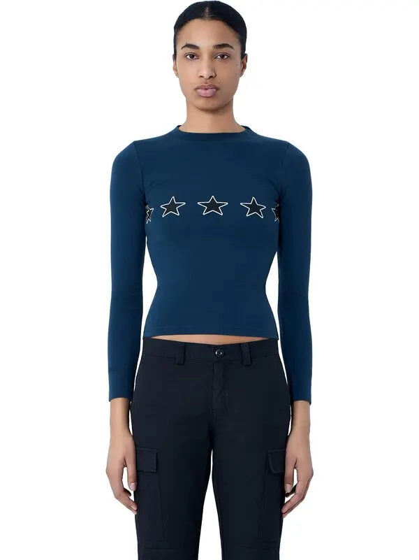 Balenciaga Star Embroidered Ribbed Top - Blue