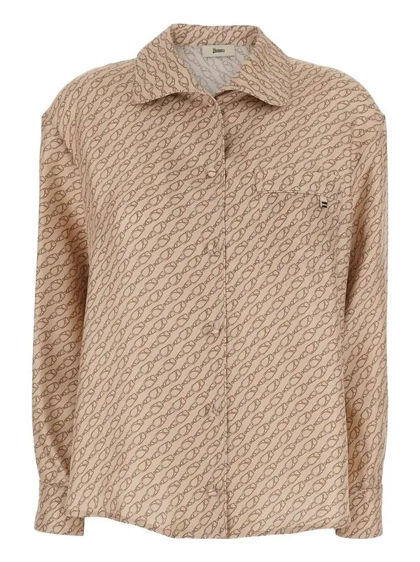 Herno Beige Silk Shirt With Wide Collar And All-over Print - Multicolor
