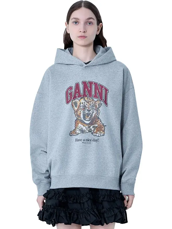 GANNI Beaded Baby Tiger Print Cotton Hoodie - Gray