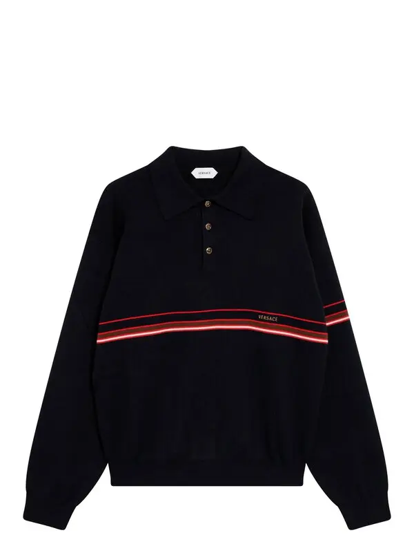Versace Navy Cotton Knit Polo Shirt With Embroidered Logo - Blue