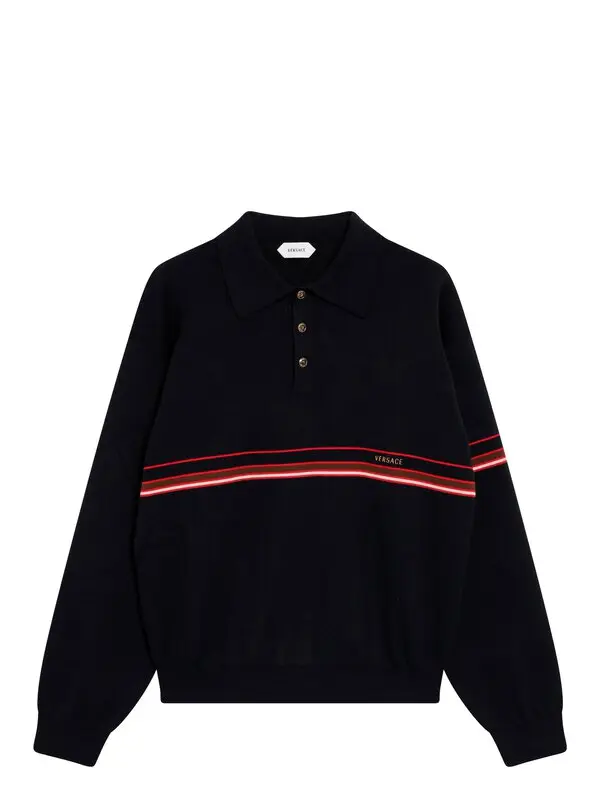 Versace Navy Cotton Knit Polo Shirt With Embroidered Logo - Blue