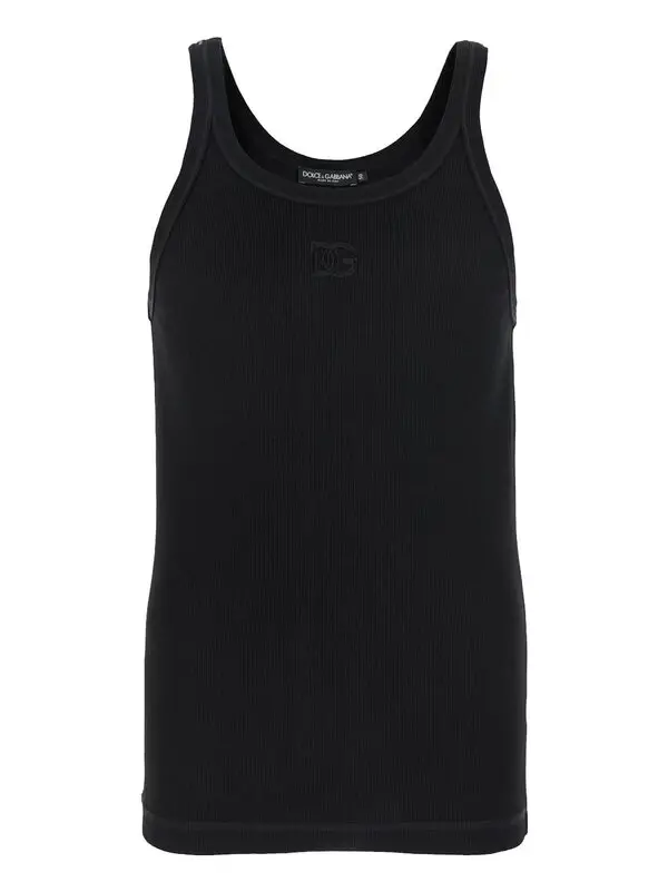Dolce & Gabbana Sleeveless Top With Logo Embroidery On The Front And Ribbed Knit In Cotton - Black
