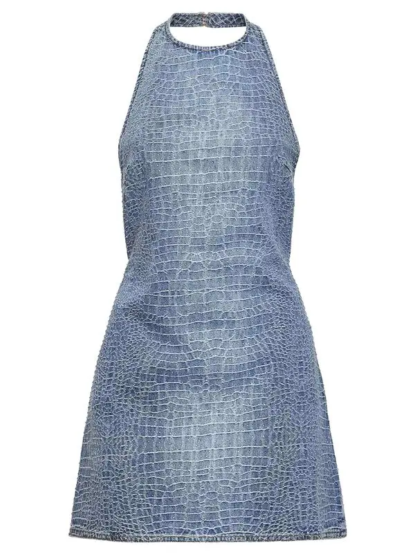 SELF-PORTRAIT Rhinestone Embellished Croc-effect Denim Mini Dress - Multicolor