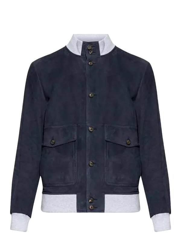 Eleventy Leather Jacket With Pocket And Buttons - Blue