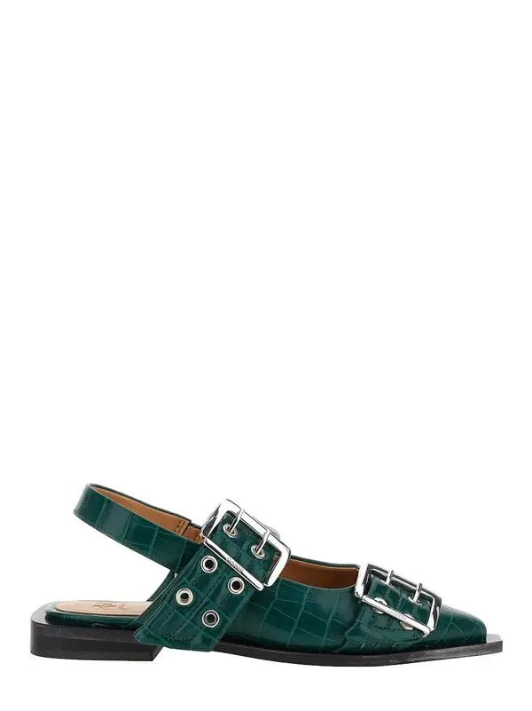 GANNI Leather Double Buckle Pointed Ballet Shoes - Multicolor