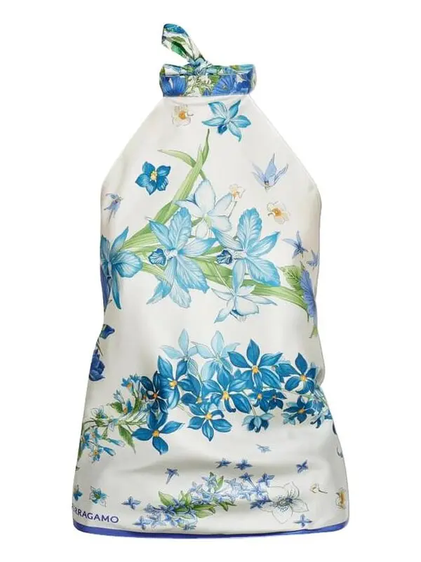 FERRAGAMO Silk Floral Halter Neck Top - White