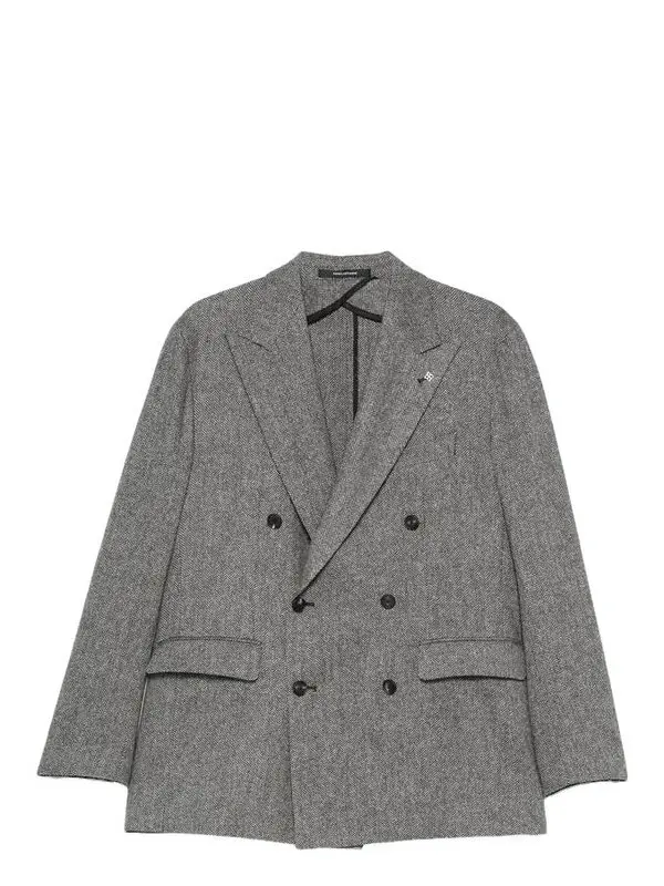 Tagliatore Herringbone Peak Lapel Double-breasted Blazer - Black
