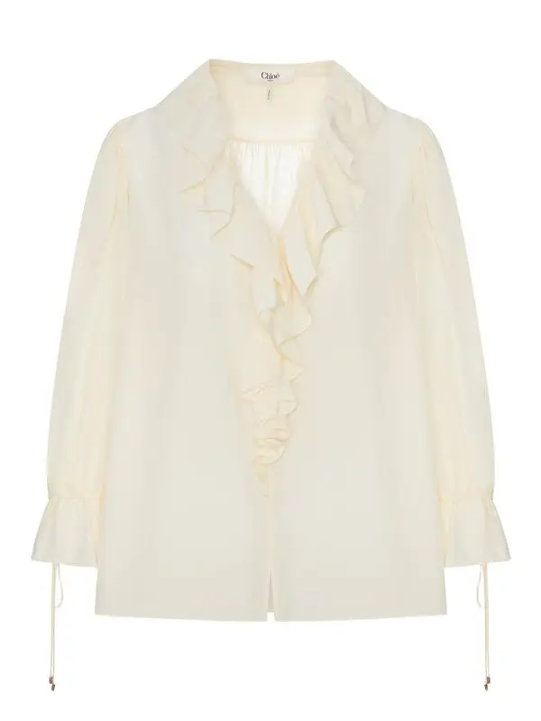 Chloé Ruffle Silk V-neck Top - Cream
