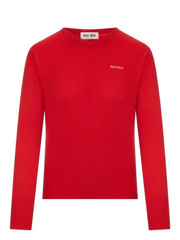 Miu Miu Cashmere V-neck Sweater With Logo - Red