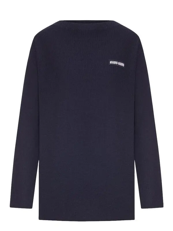 Miu Miu Oversized Ribbed Knit Sweater With Logo - Blue