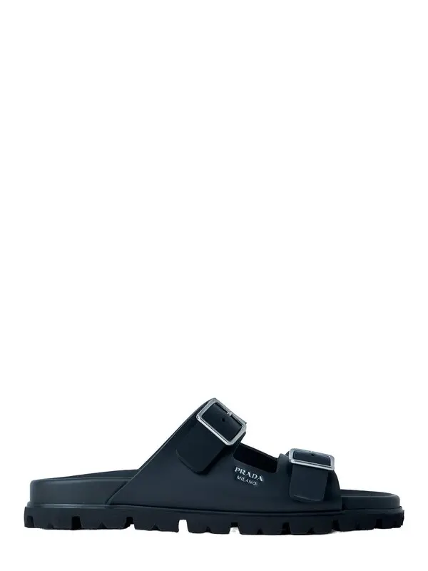 Prada Rubber Double Strap Slides - Black