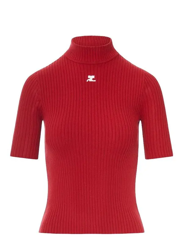 COURREGES Short Sleeves Rib Knit Sweater - Red
