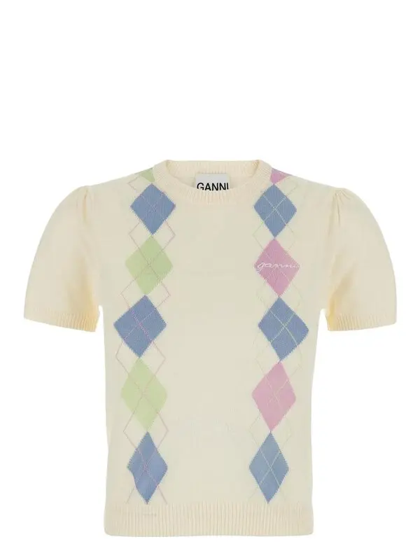 GANNI Short-sleeved Cotton Argyle Sweater - White