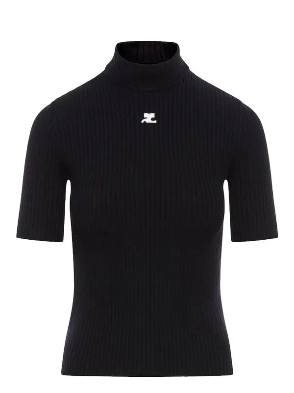 COURREGES Short Sleeve Rib Knit Sweater - Black