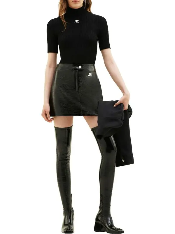 COURREGES Short Sleeve Rib Knit Sweater - Black