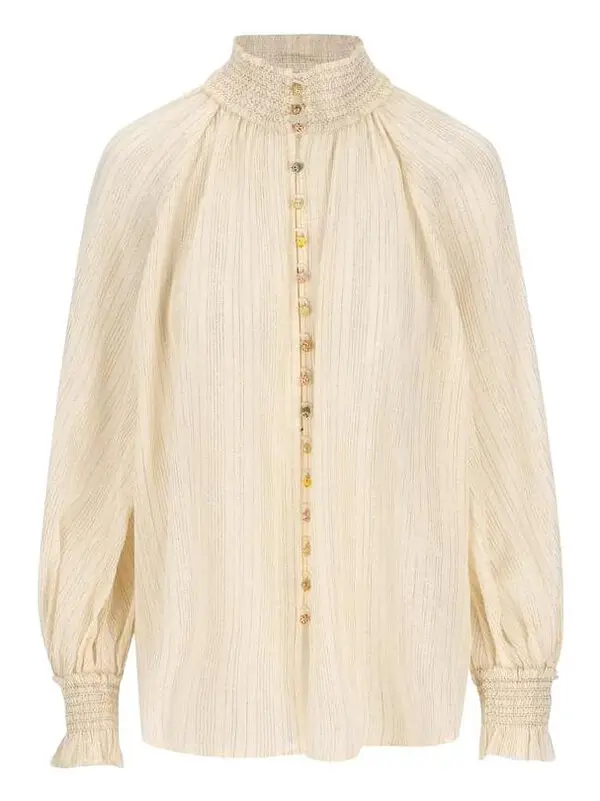 Zimmermann Metallic Stripe High Neck Long Sleeve Blouse - Cream