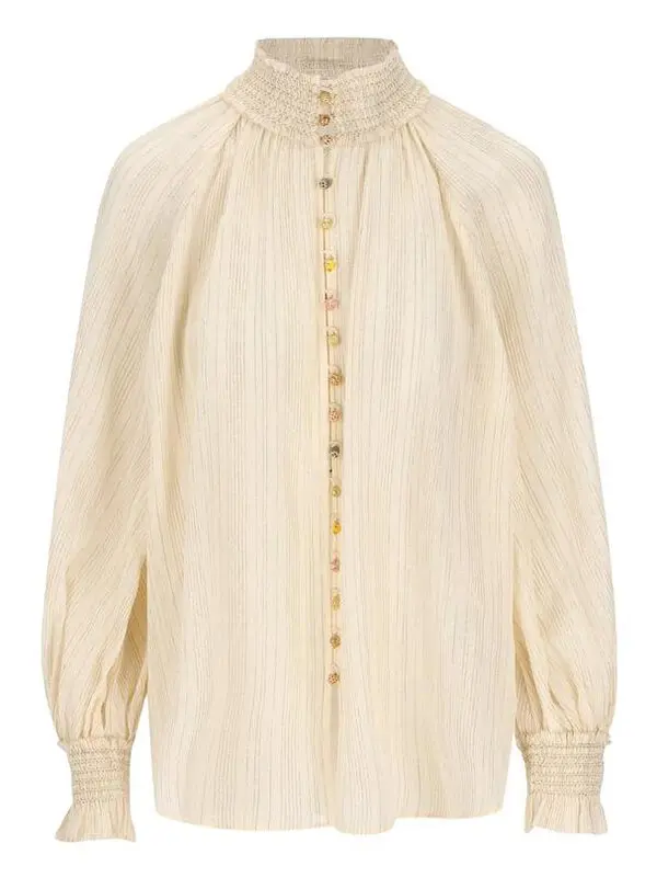 Zimmermann Metallic Stripe High Neck Long Sleeve Blouse - Cream