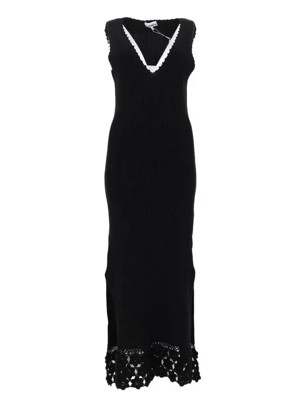 GANNI Crochet Trim Long Dress - Black