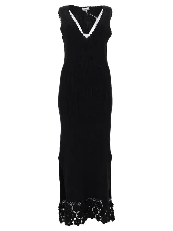 GANNI Crochet Trim Long Dress - Black