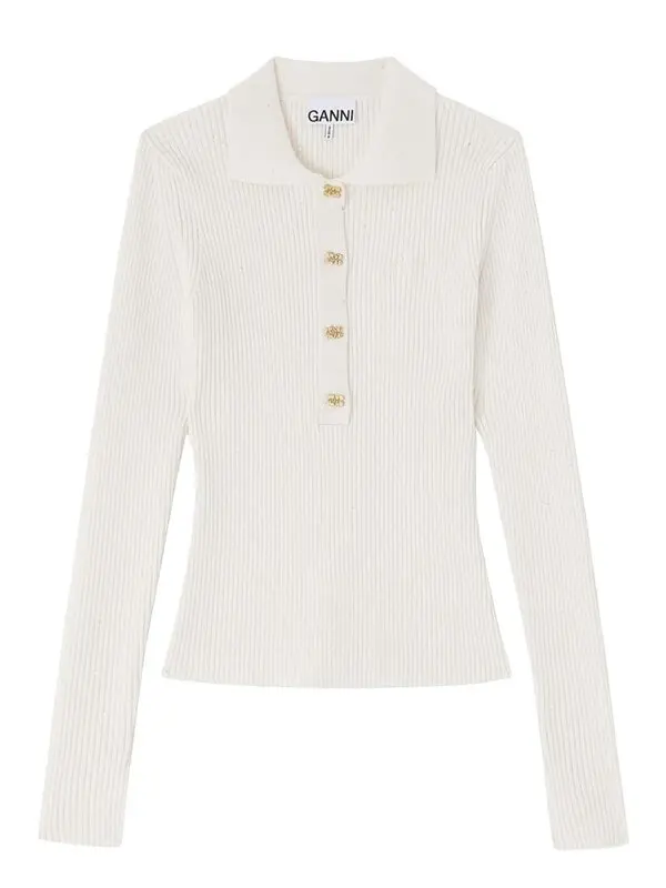 GANNI Ribbed Polo Shirt - Cream