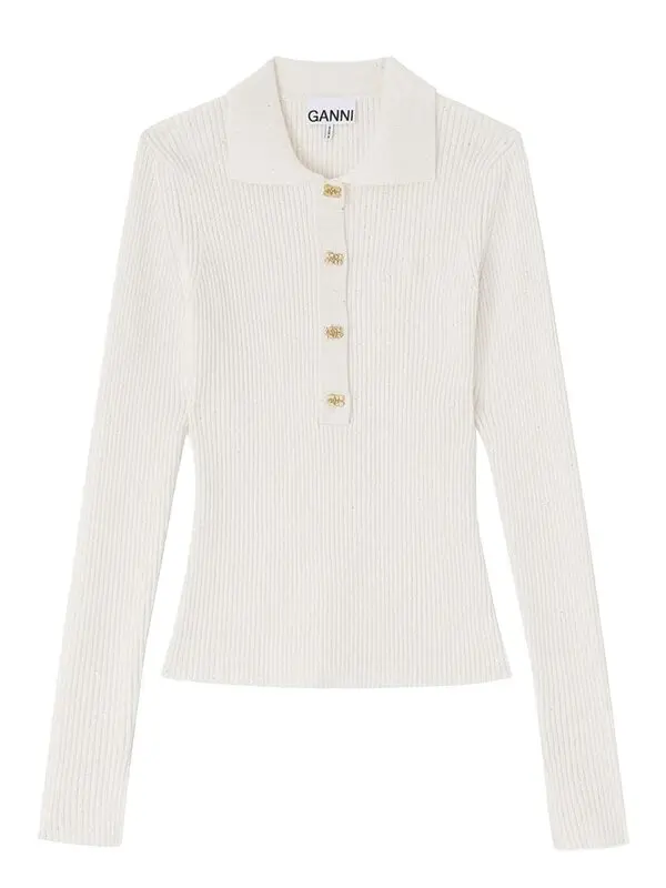 GANNI Ribbed Polo Shirt - Cream