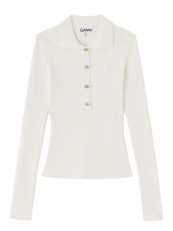 GANNI Ribbed Polo Shirt - Cream