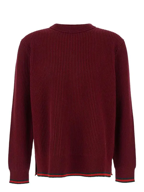 Gucci Red Crewneck Sweater With Web Detail In Ribbed Wool Blend - Multicolor
