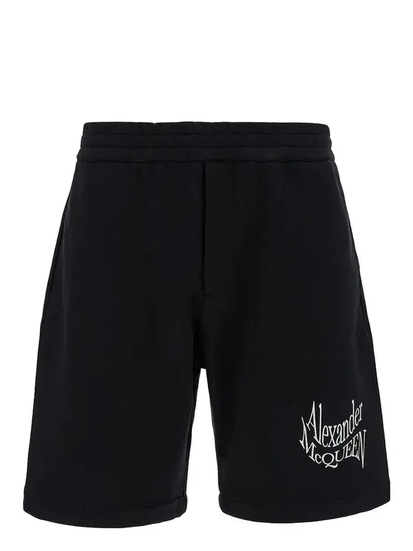 Alexander McQueen Black Shorts With Contrasting Logo Lettering Print In Cotton - Multicolor