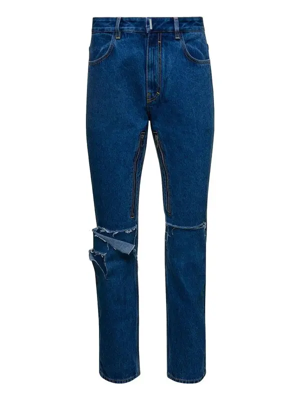 Givenchy Blue Jeans With Zip And Rips Details In Cotton Denim - Multicolor