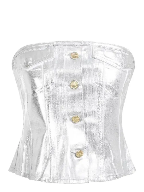 GANNI Foil Corsage Denim Top - Silver