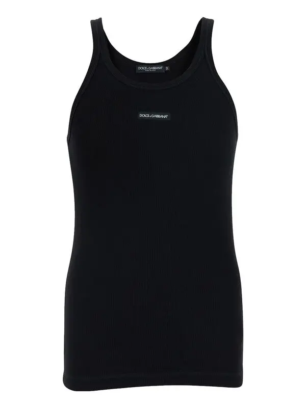 Dolce & Gabbana Sleeveless Top With Round Neck And Logo Patch On The Front In Cotton For - Black
