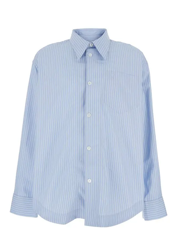 AMI Paris Light Blue Shirt With Classic Collar And Stripe Motif In Cotton - Multicolor