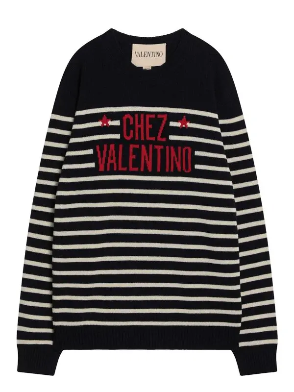 Valentino Garavani Wool Jacquard Striped Crewneck Sweater - Blue