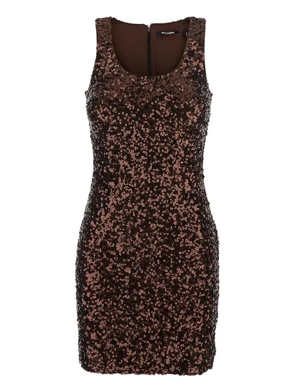ROTATE BY BIRGER CHRISTENSEN Dress With U-neck And All-over Applied Sequins In Brown For - Multicolor
