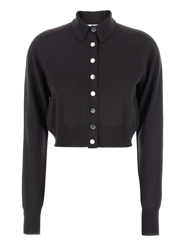 Sportmax Perseo' Black Cropped Cardigan With Button Down Collar And Ribbed Trims In Wool - Multicolor