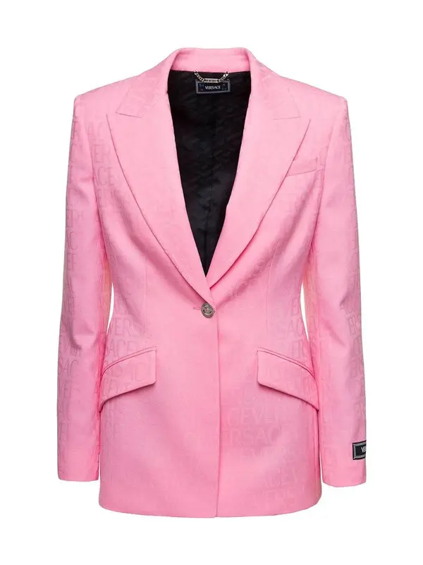 Versace Pink Single-breasted Jacket With All-over Tonal Logo Lettering Print In Wool - Multicolor