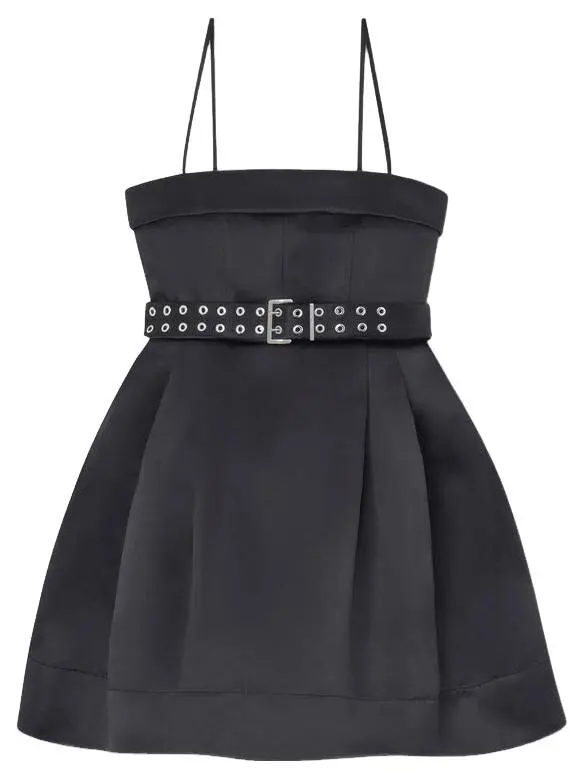 GANNI Square Neck Belted A-line Dress - Black