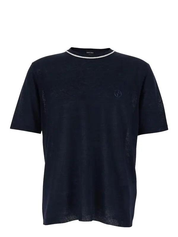 Giorgio Armani Blue Crew Neck T-shirt With Tone-on-tone Logo On The Front In Linen And Silk Blend For - Multicolor