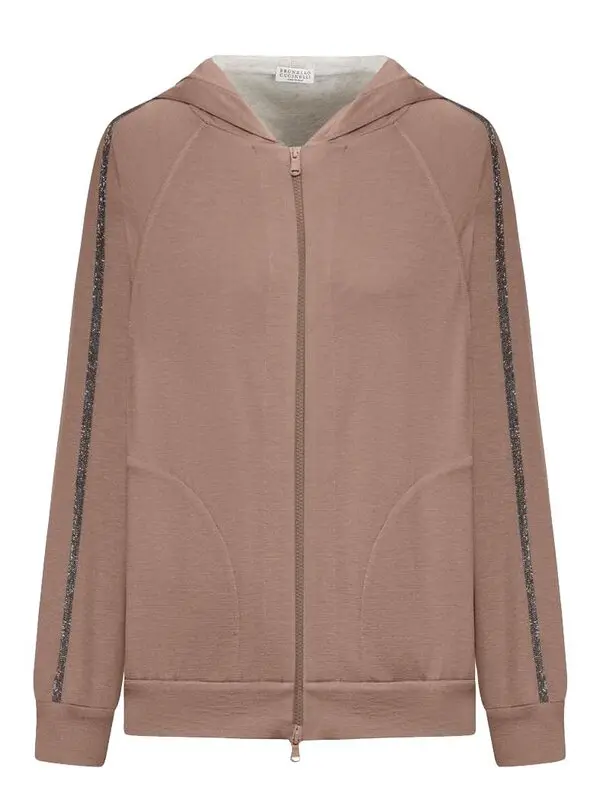 Brunello Cucinelli Cotton And Silk Interlock Topwear With Hood And Precious Stripe - Multicolor
