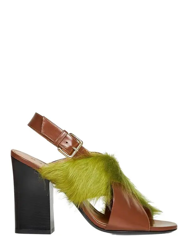 Marni Brown Leather And Green Long-hair Sandals - Multicolor