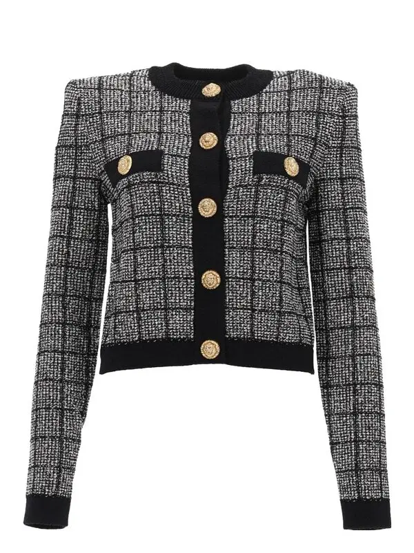 Balmain Check Knit Cardigan With Jewel Buttons - Black