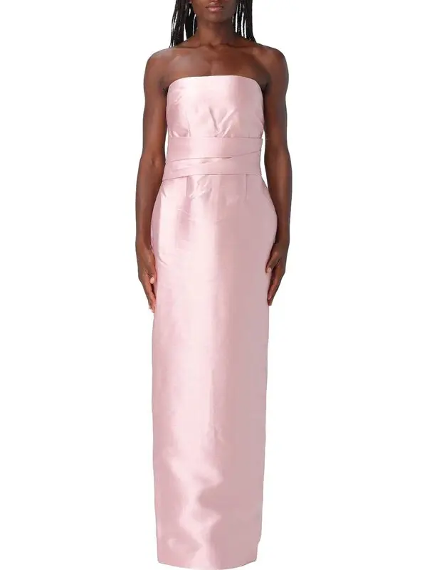 Solace London Strapless Satin Long Gown With Slit - Pink