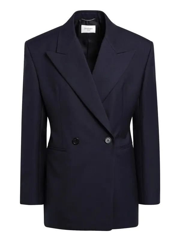 Saint Laurent Navy Double-breasted Jacket In Wool - Blue