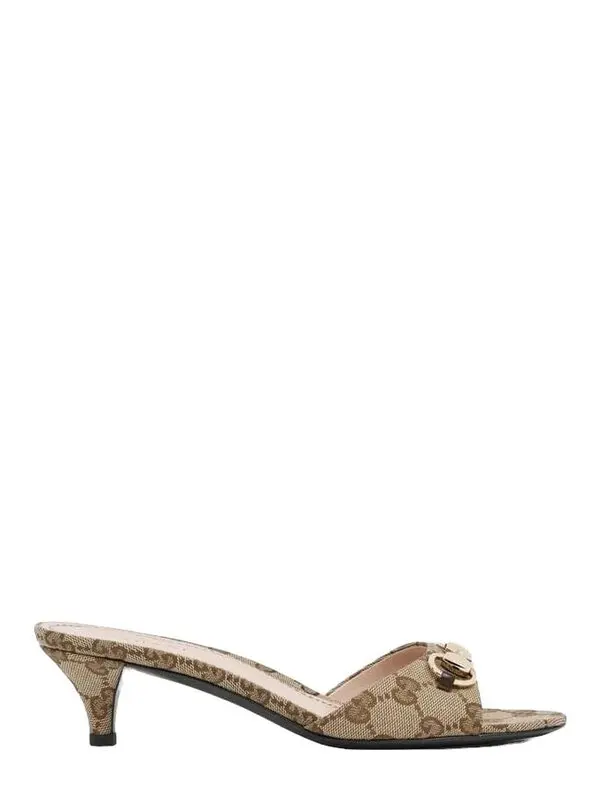 Gucci Gg Print Calf Leather Horsebit Detail Sandals - Cream