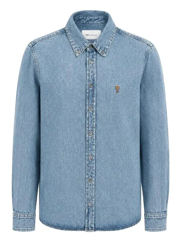 AMI Paris Light Denim Button-down Shirt With De Coeur - Blue