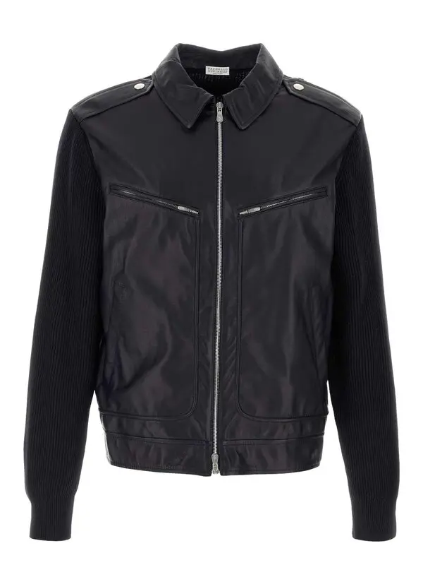 Brunello Cucinelli Leather And Knit Jacket - Blue