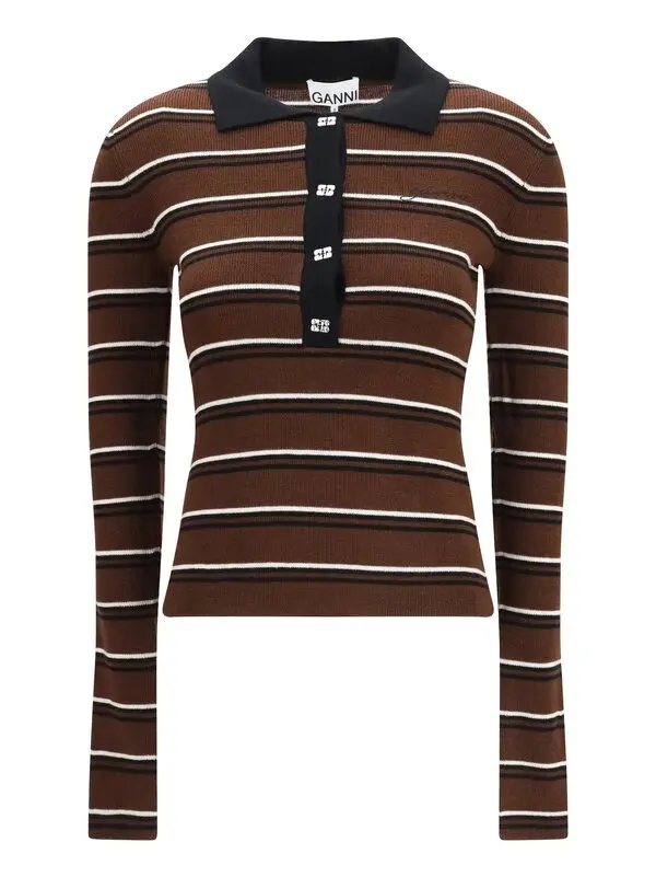 GANNI Striped Merino Polo Shirt - Brown